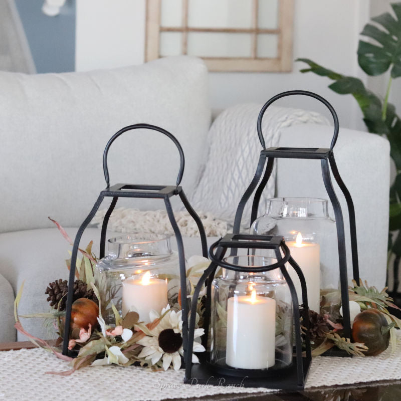 Black Metal Trapezoid Lantern With Glass Hurricane – Spruce Park Ranch